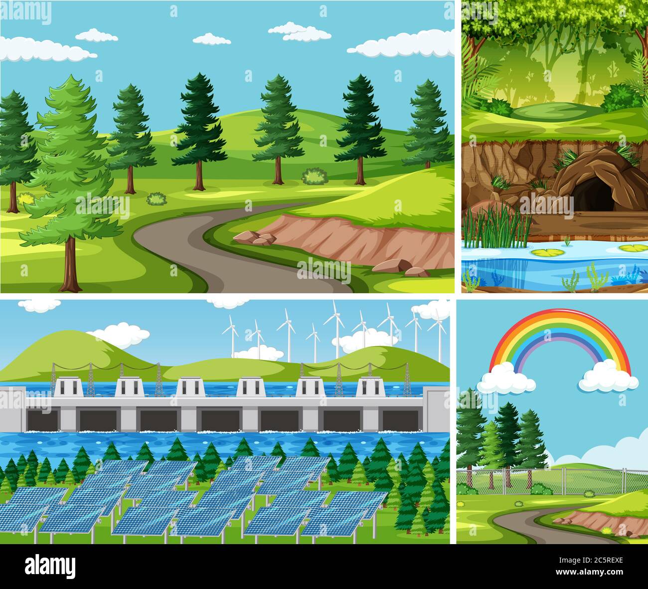 Four different scenes in nature setting cartoon style illustration ...
