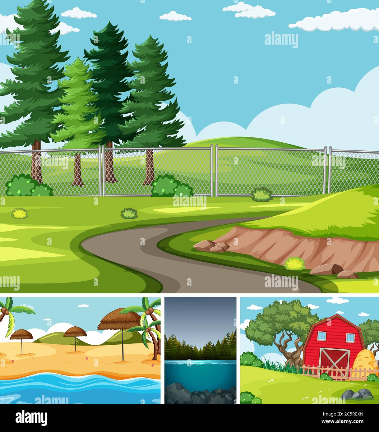 Four different scenes in nature setting cartoon style illustration ...