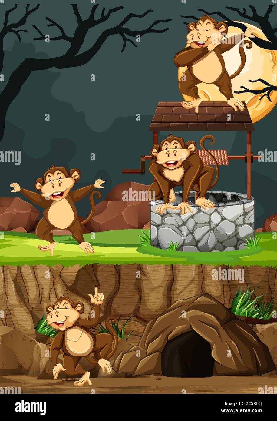 Wild monkeys group in many poses in animal park cartoon style on night ...