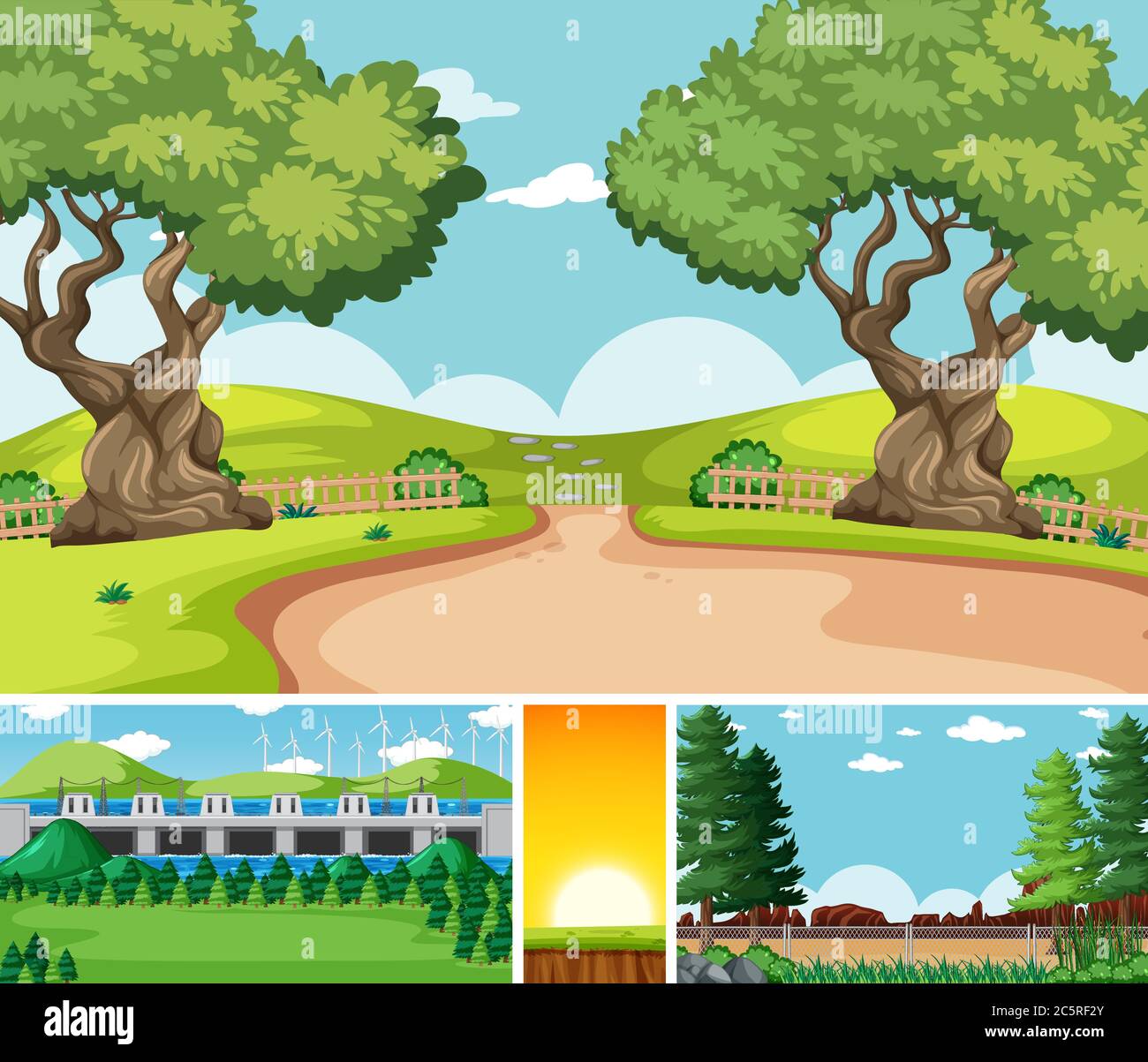 Four different scenes in nature setting cartoon style illustration ...