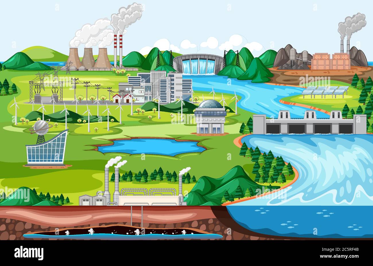 Industrial factory building with river side landscape scene in cartoon ...