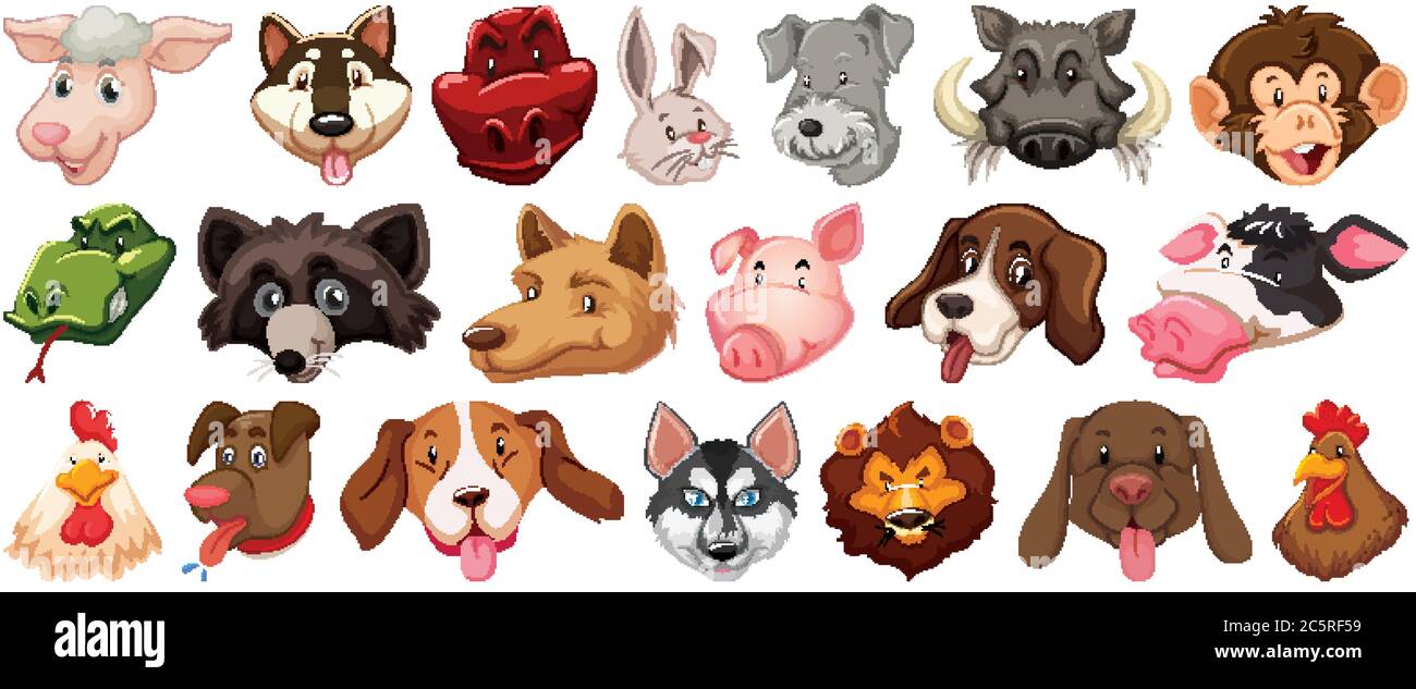 Set of different cute cartoon animals head huge isolated on white ...