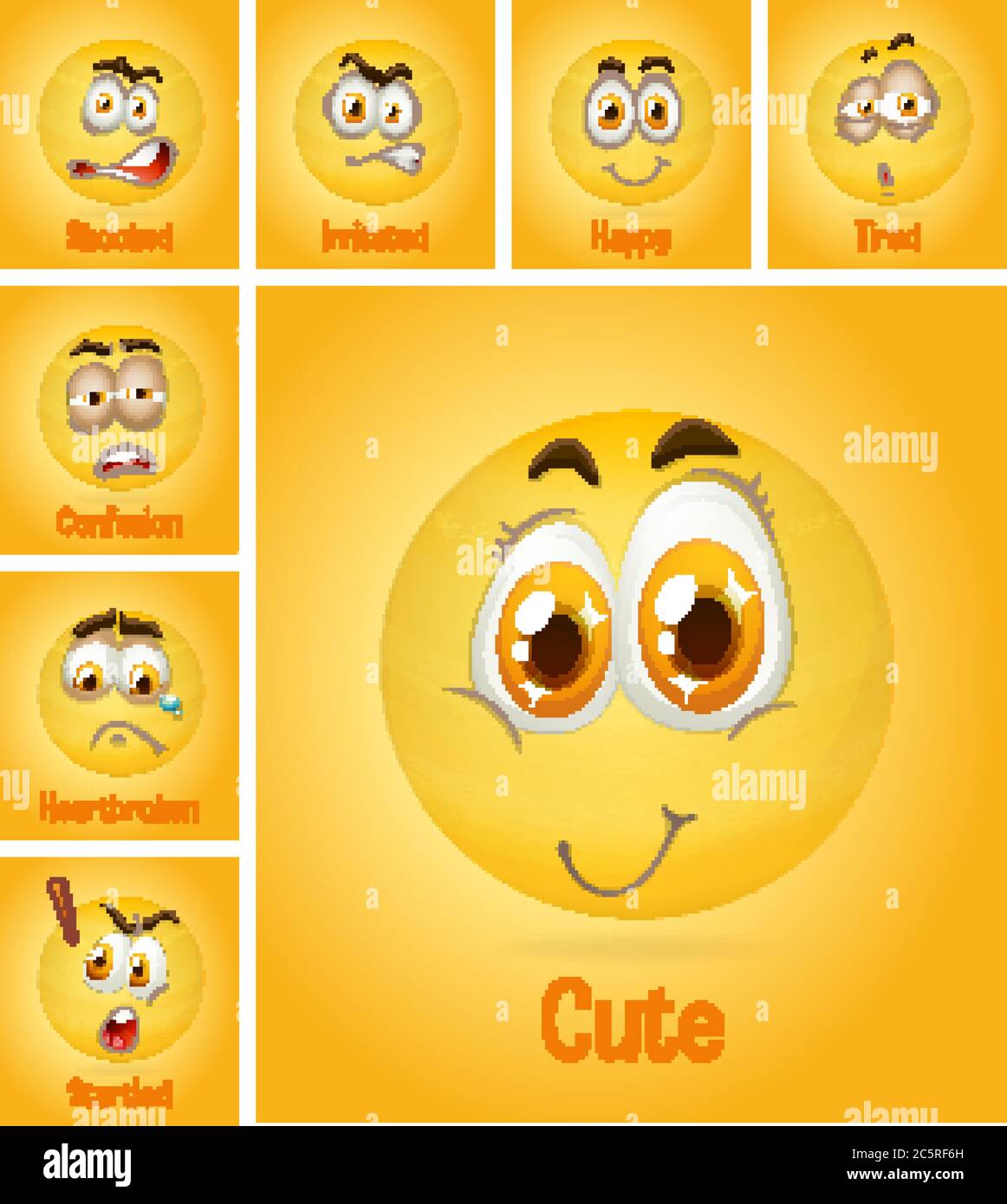 Set of different faces emoji with its description on yellow background ...