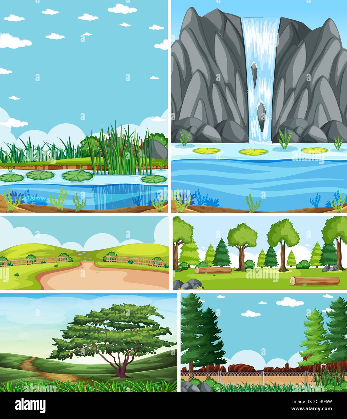 Six different scenes in nature setting cartoon style illustration Stock ...