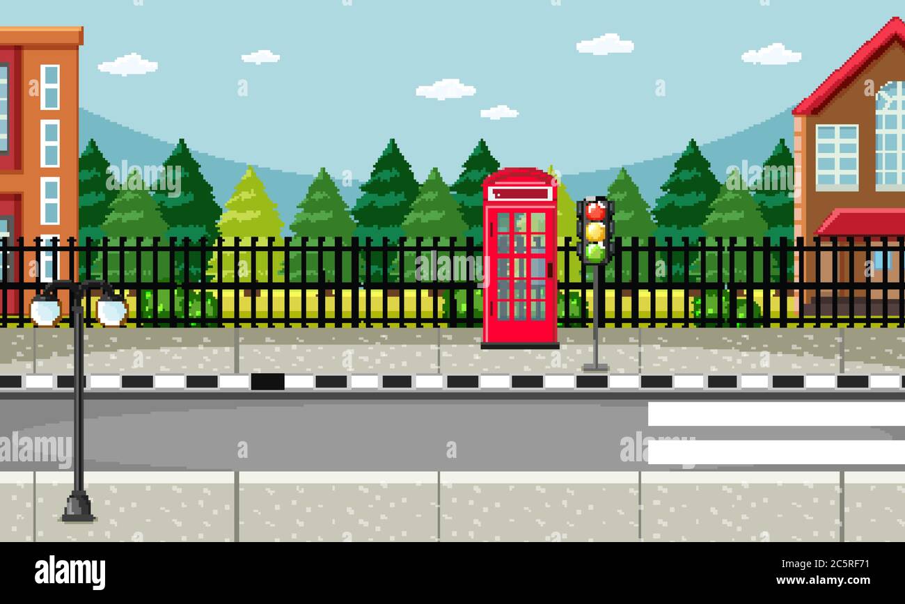 Street side scene with red telephone box scene illustration Stock ...