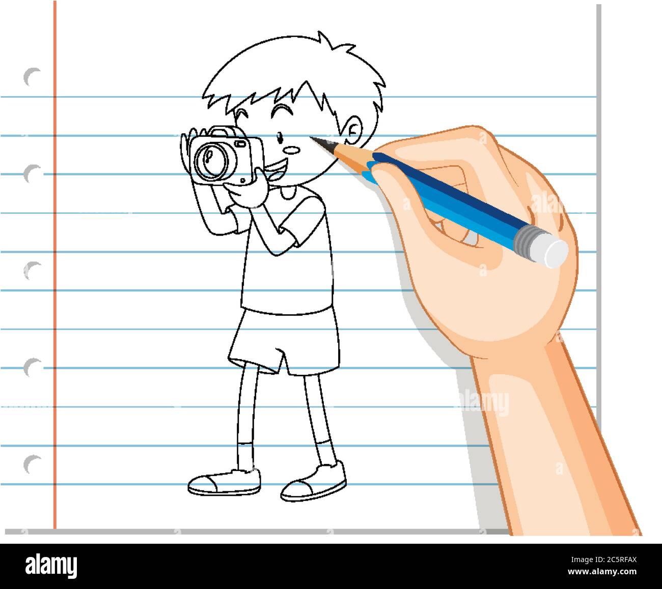 Hand drawing of boy taking photo outline illustration Stock Vector ...