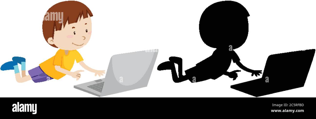 Boy searching on laptop with its silhouette illustration Stock Vector ...
