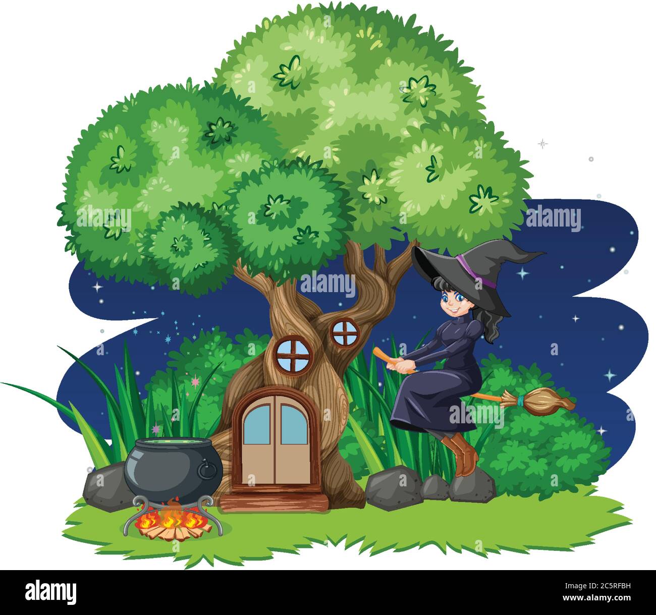 Witch riding broomstick beside tree house cartoon style on white ...
