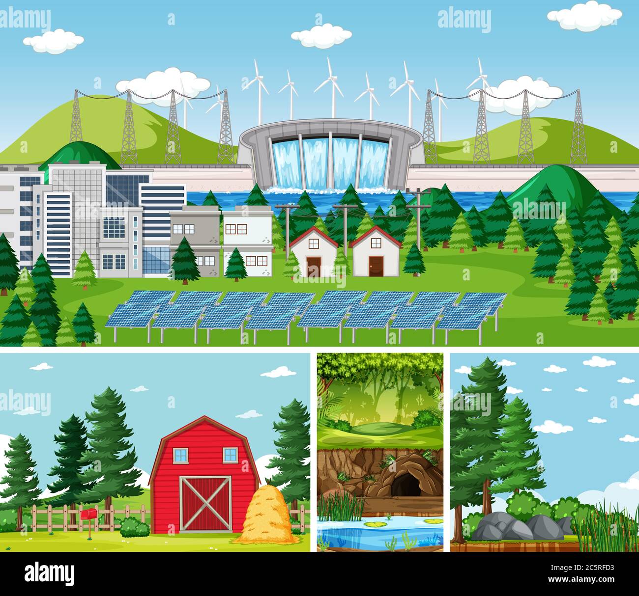 Four different scenes in nature setting cartoon style illustration ...