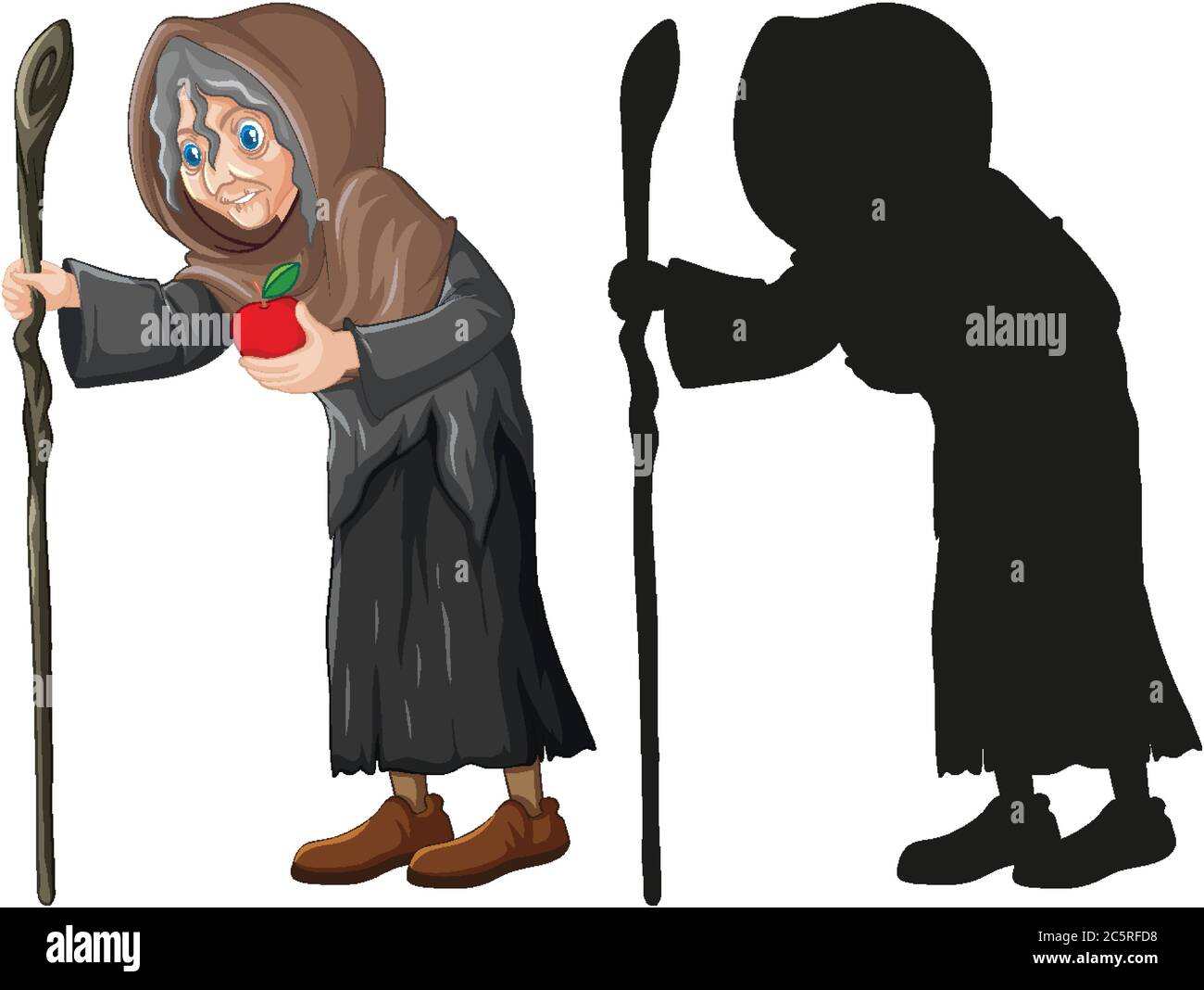 Old witch with red apple in color and silhouette cartoon character ...