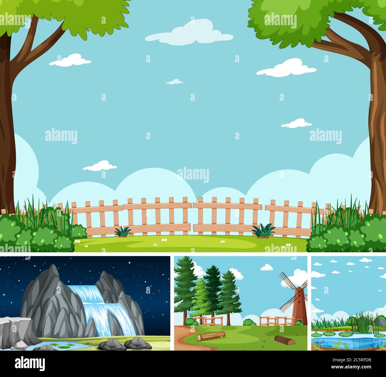 Four different scenes in nature setting cartoon style illustration ...