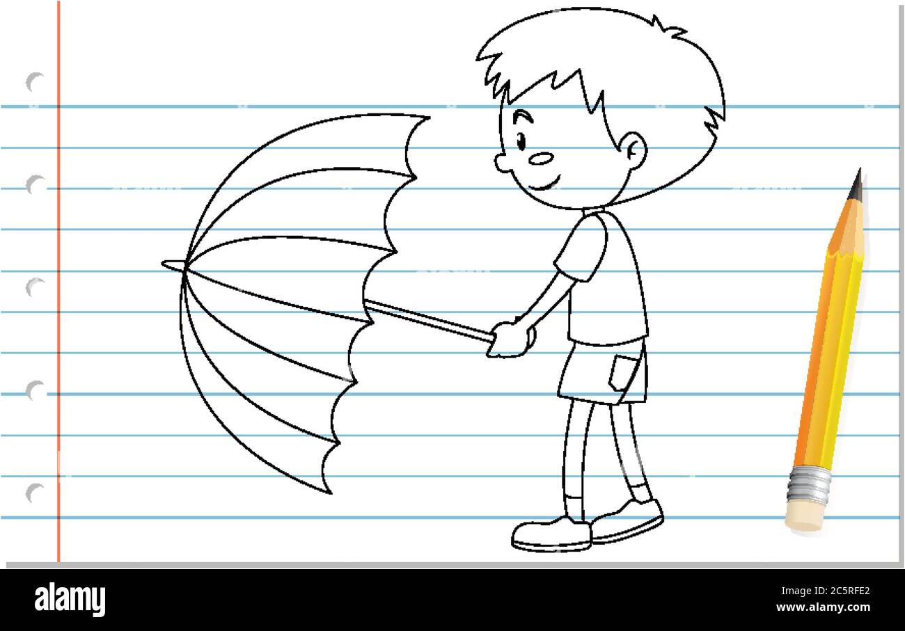 Hand writing of boy holding umbrella outline illustration Stock Vector ...