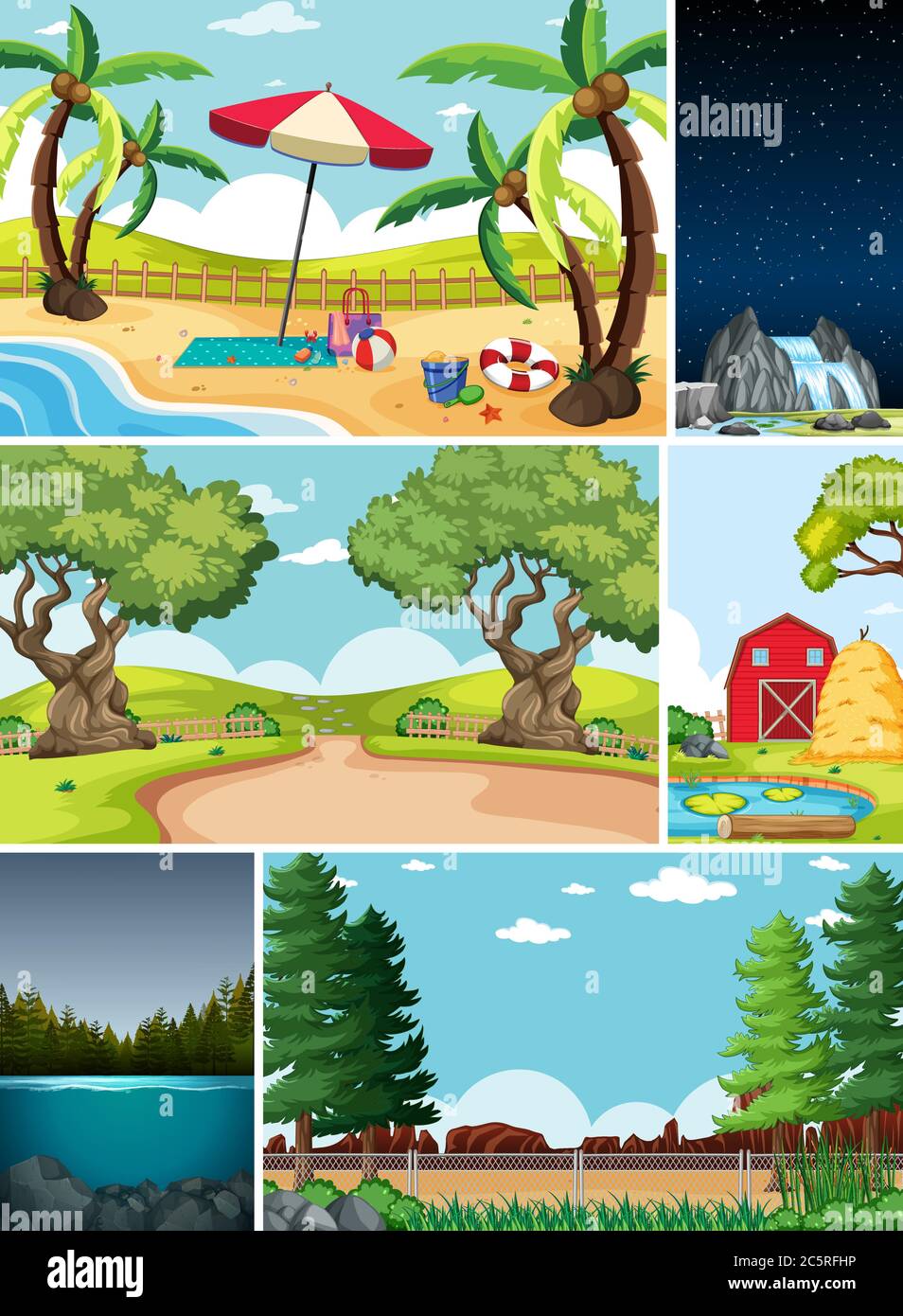 Six different scenes in nature setting cartoon style illustration Stock ...