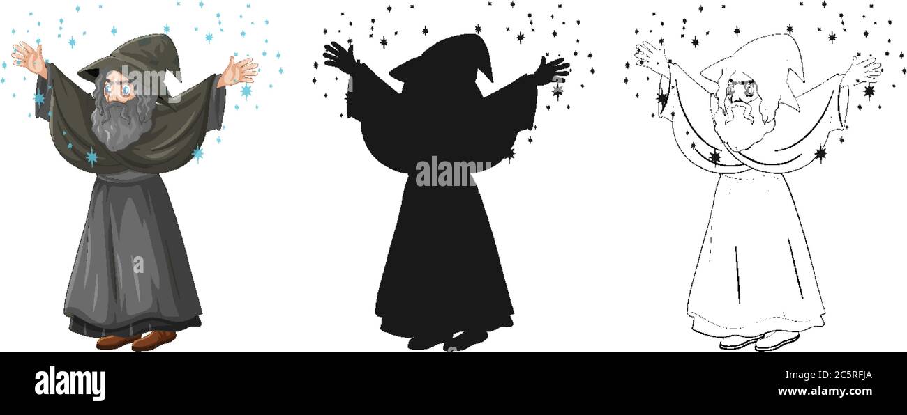 Old wizard with spell in color and outline and silhouette cartoon ...