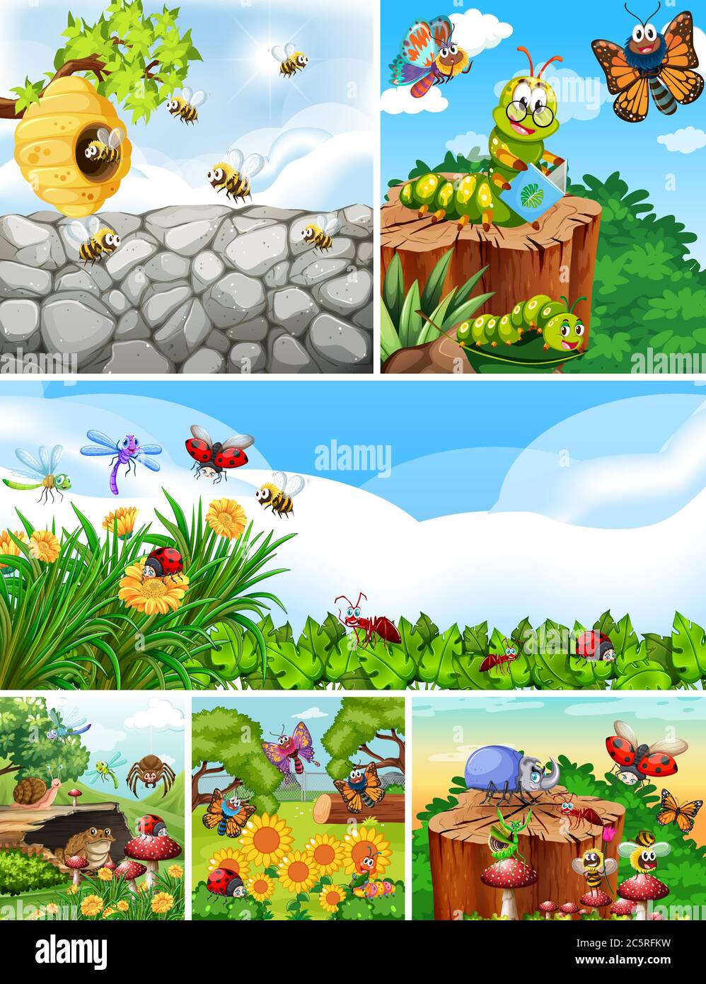 Set of different insects living in the garden background illustration ...