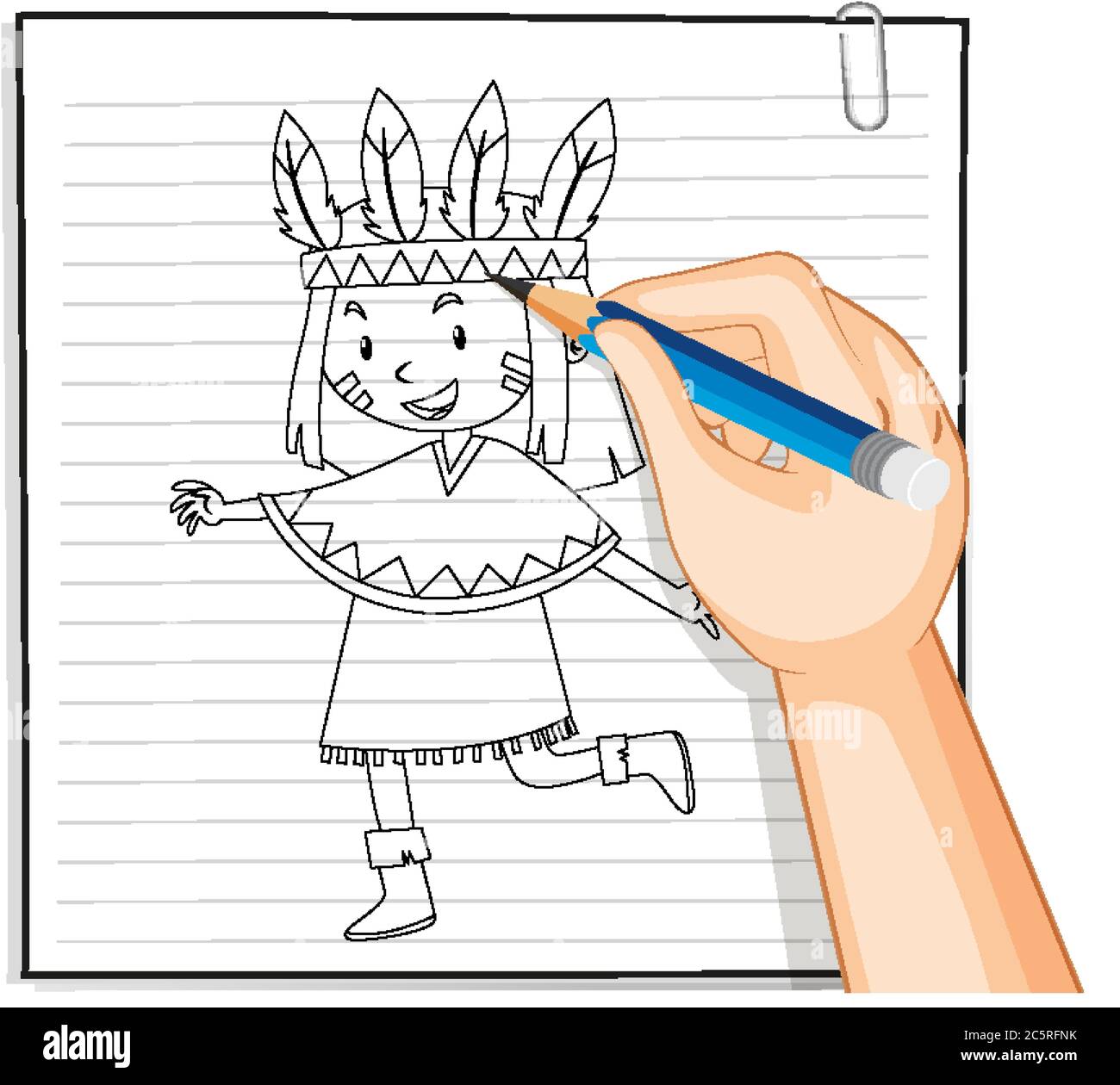 Hand drawing of girl in native american costume outline illustration ...