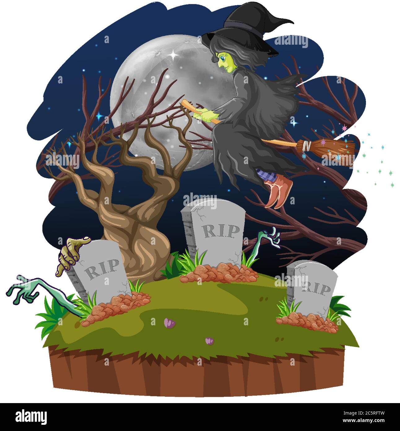 Wizard or witch with broomstick and tomb on dark forest isolated on ...