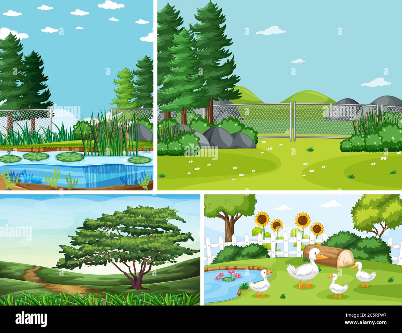 Four different scenes in nature setting cartoon style illustration ...