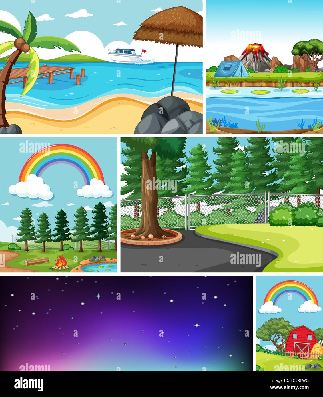 Six different scenes in nature setting cartoon style illustration Stock ...