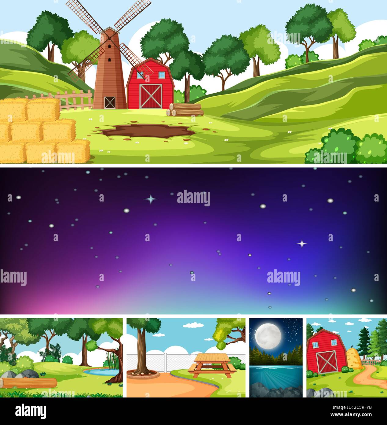 Six different scenes in nature setting cartoon style illustration Stock ...