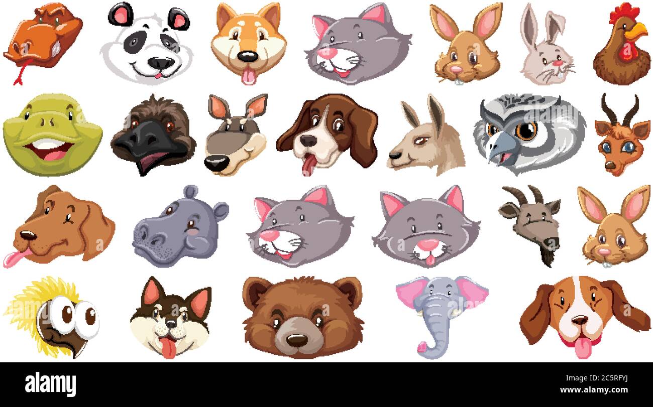 Set of different cute cartoon animals head huge isolated on white ...