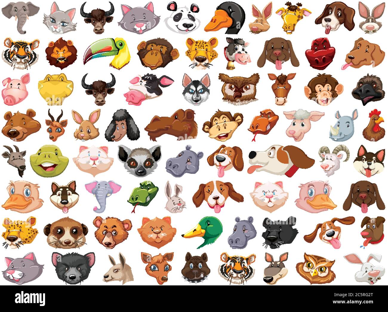 Set of different cute cartoon animals head huge isolated on white ...