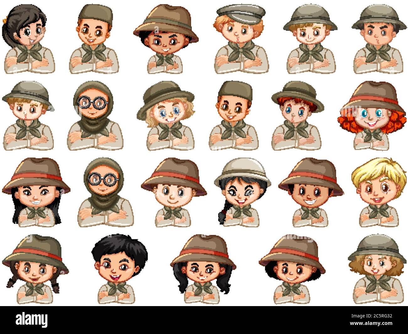 Set of different characters of boys and girls scout costume on a white ...