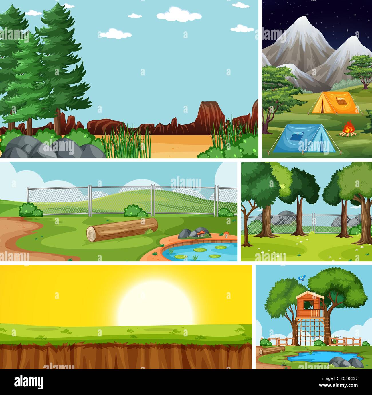 Four different scenes in nature setting cartoon style illustration ...