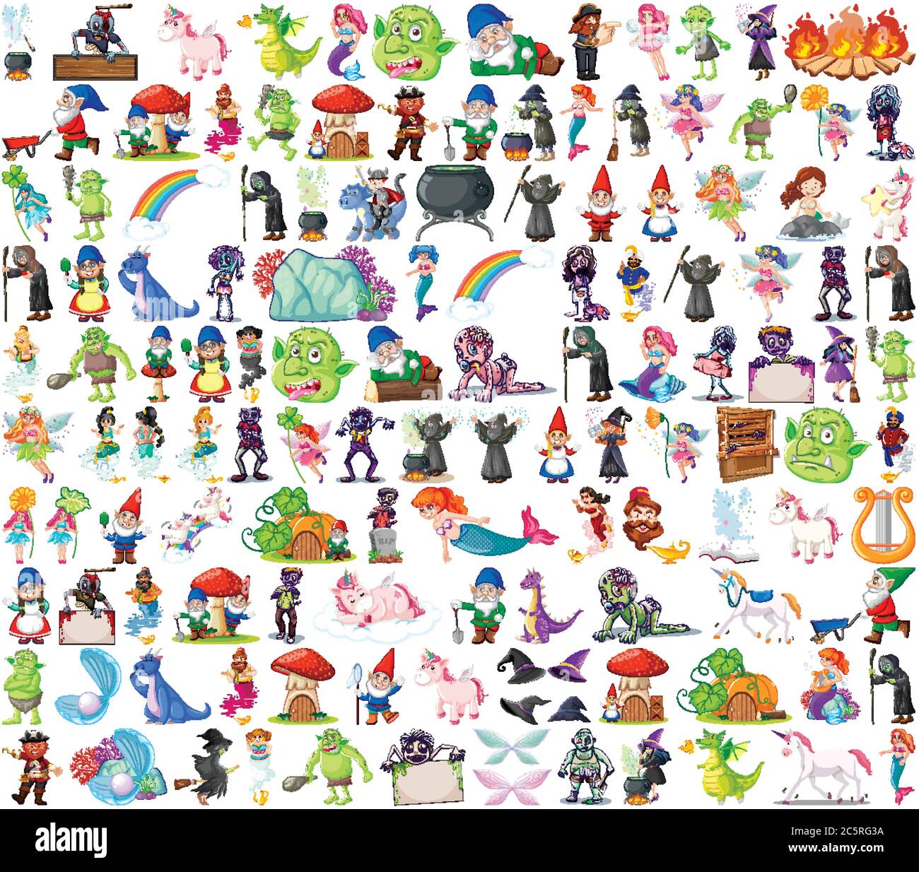 Set of fantasy cartoon characters and fantasy theme isolated on white ...