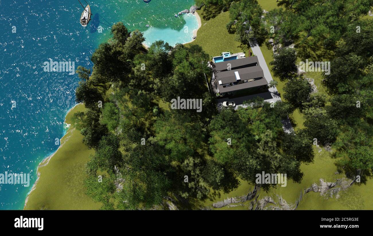 3d render - Aerial view of contemporary house exterior Stock Photo - Alamy