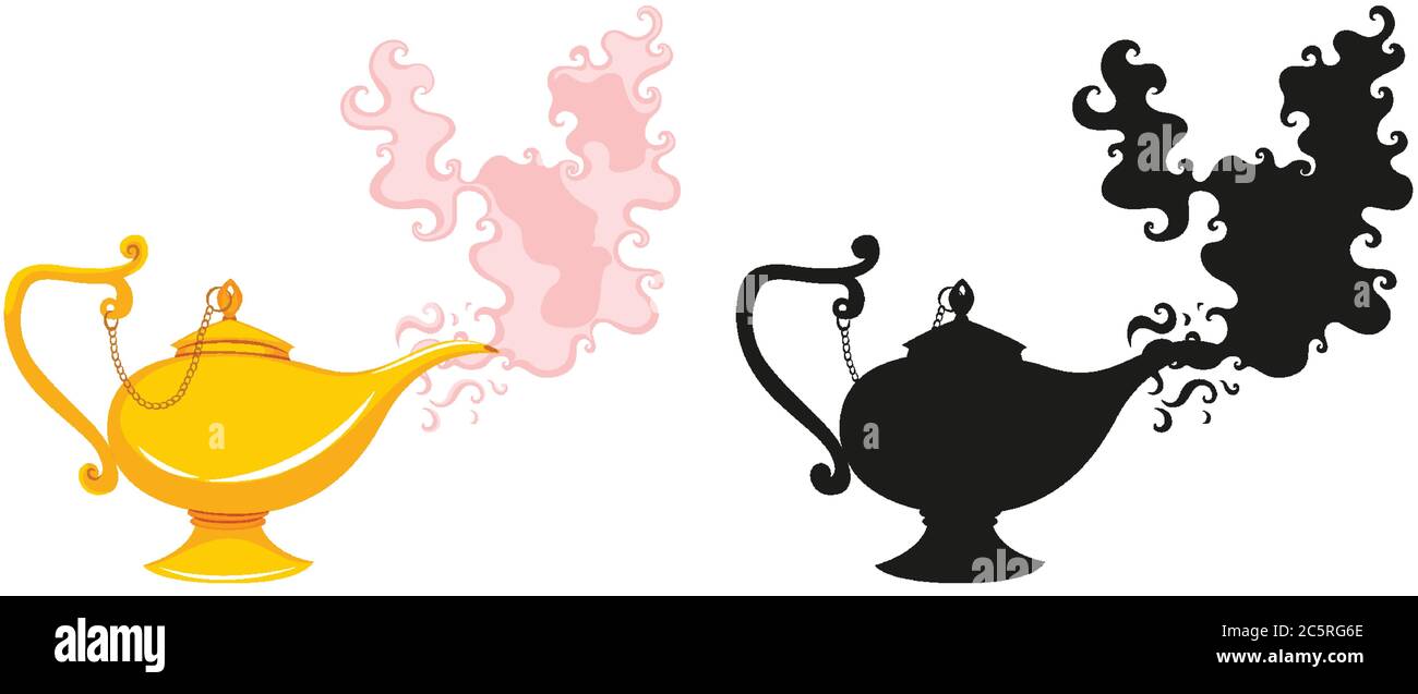 Magic lantern or aladdin lamp in color and silhouette isolated on white ...