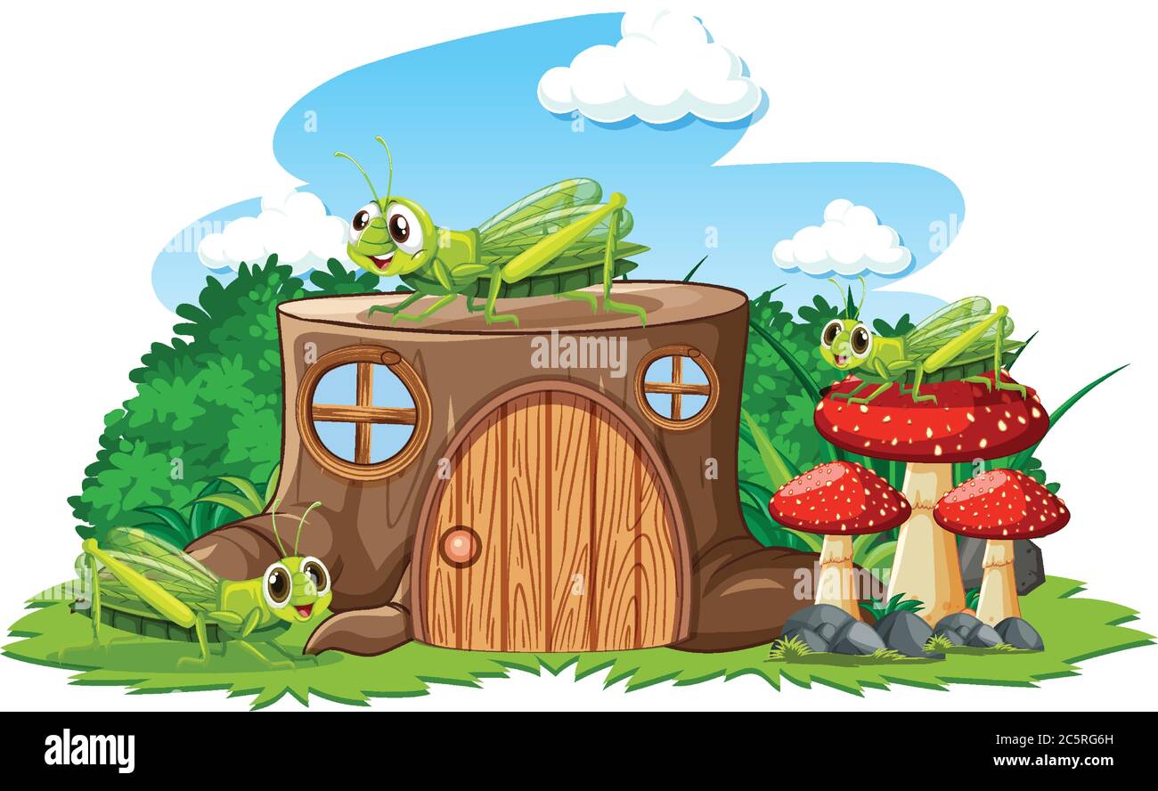 Stump house with grasshoper cartoon style on white background ...