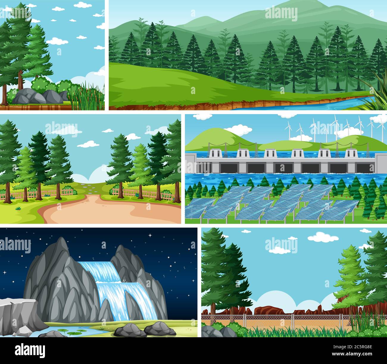 Six different scenes in nature setting cartoon style illustration Stock ...
