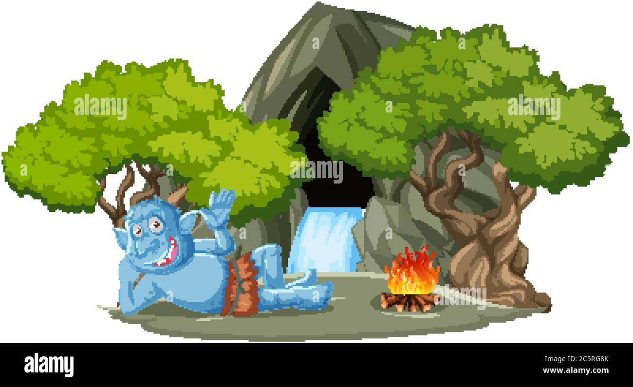 Goblin or troll lying infront of stone cave with tree cartoon style ...