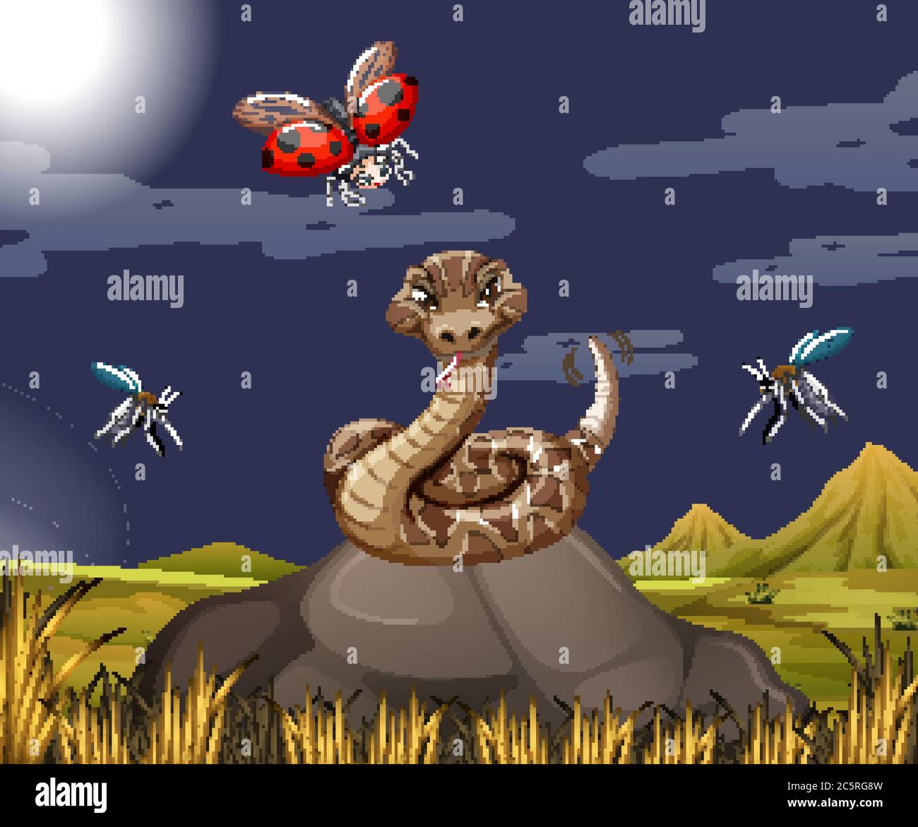 Snake with ladybug in forest scene at night illustration Stock Vector ...