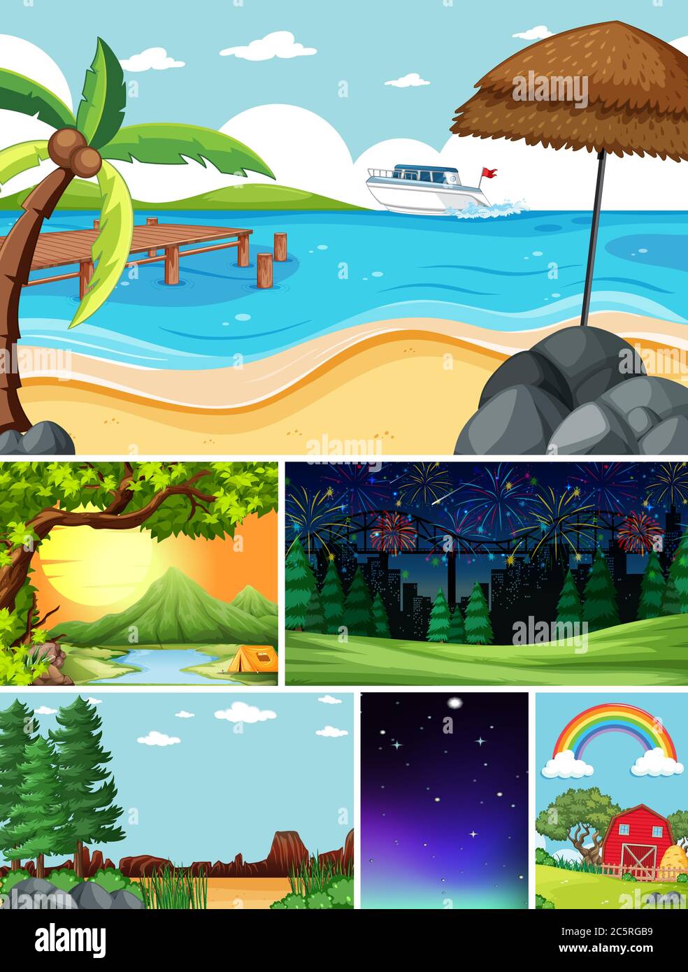 Six different scenes in nature setting cartoon style illustration Stock ...