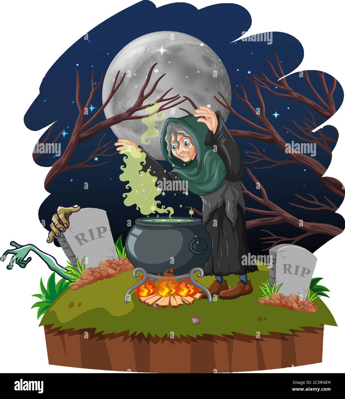 Wizard or witch with magic pot and tomb on dark forest isolated on ...