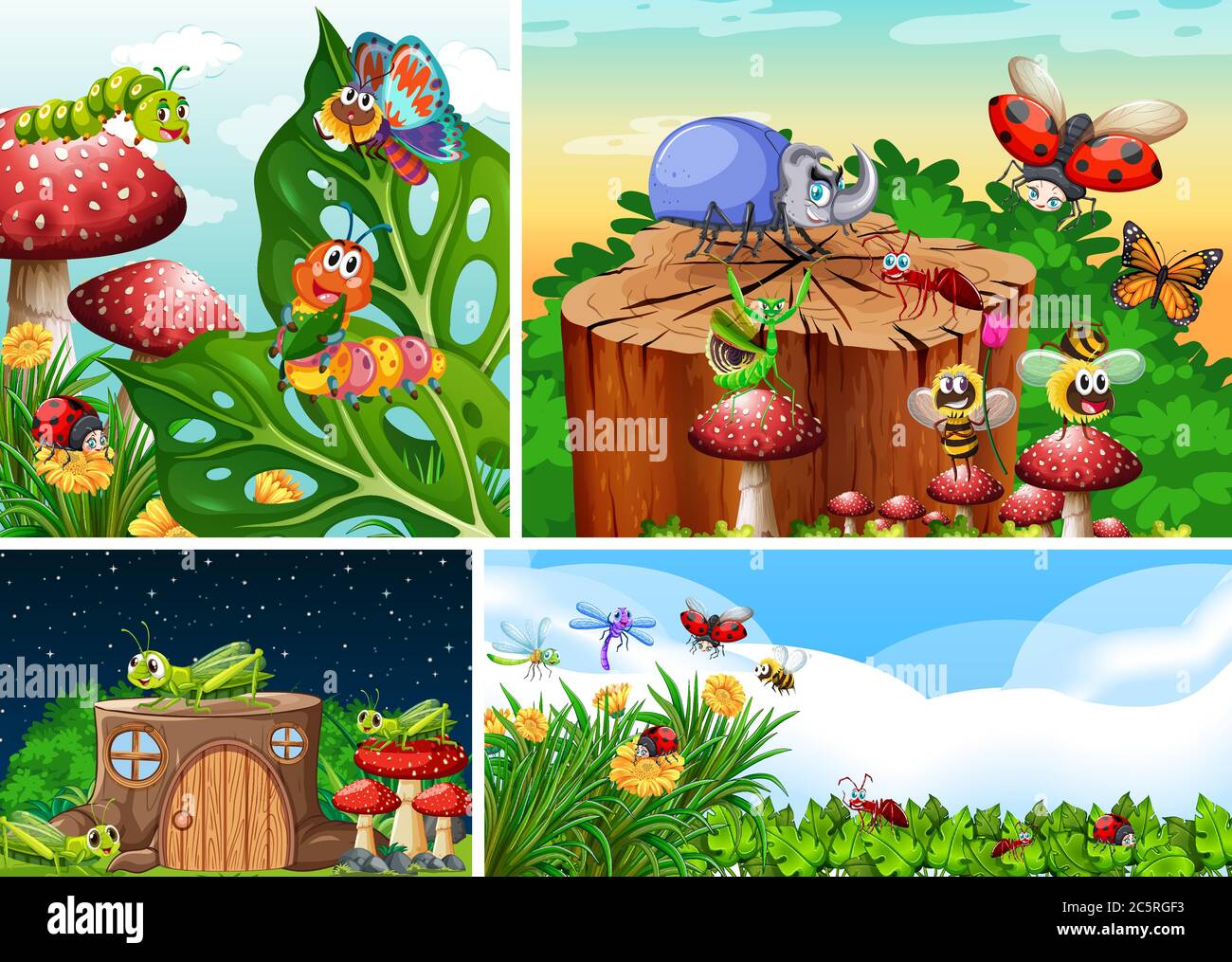 Set of different insects living in the garden background illustration ...