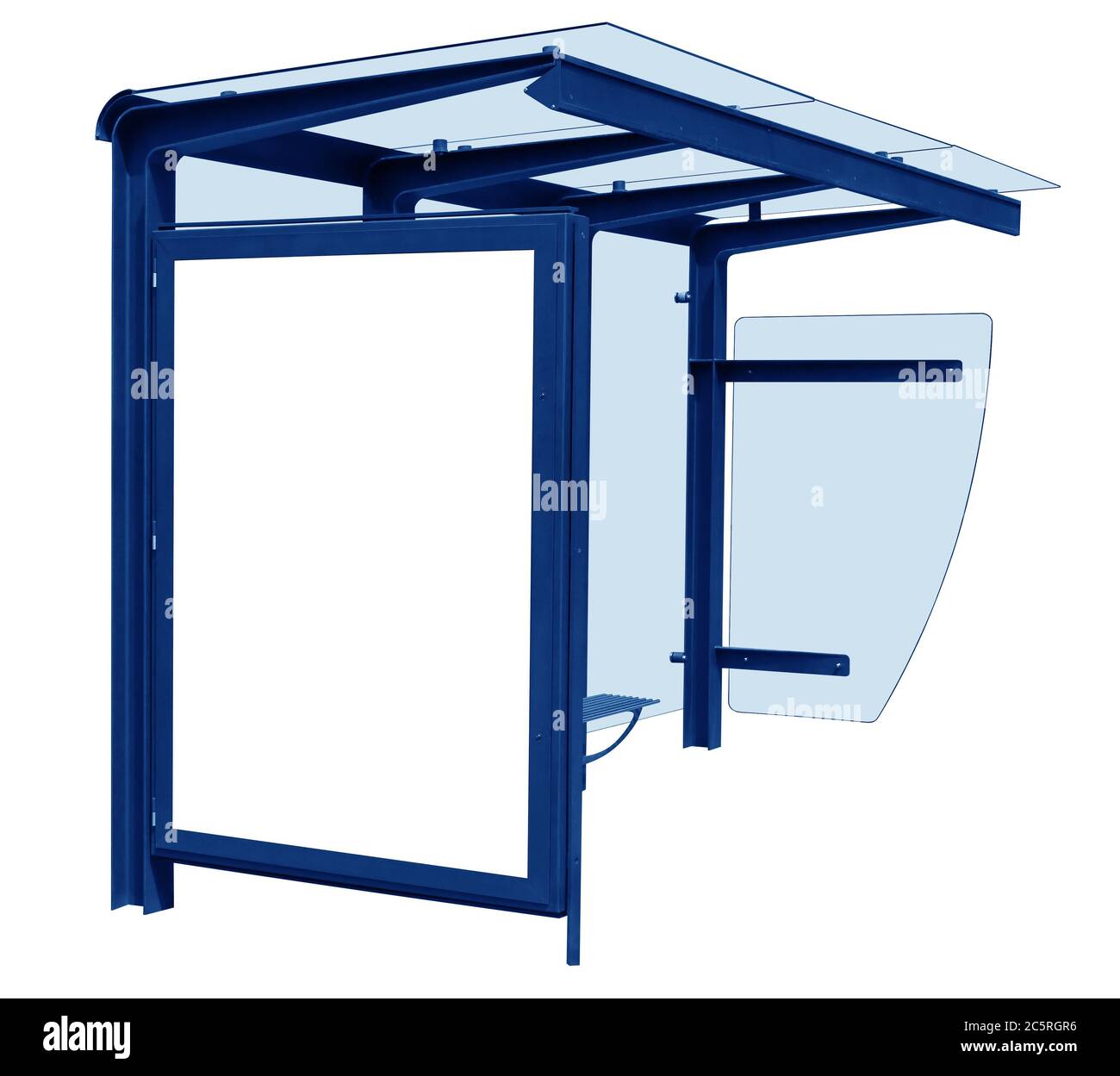 Blue bus stop isolated on white background with blank banner. Clipping ...