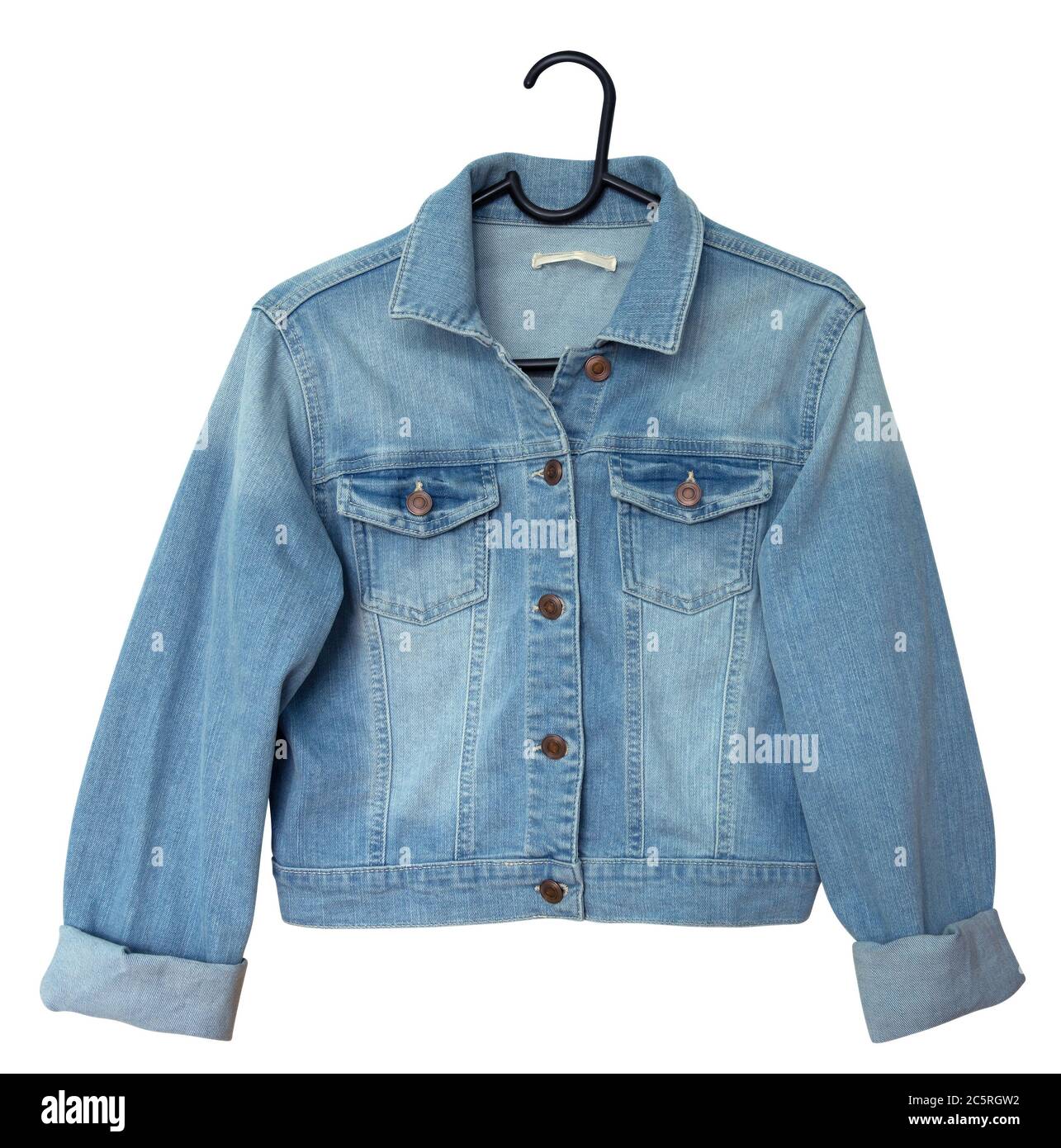 Denim jacket on a hanger. Isolated on white. Clipping path included ...