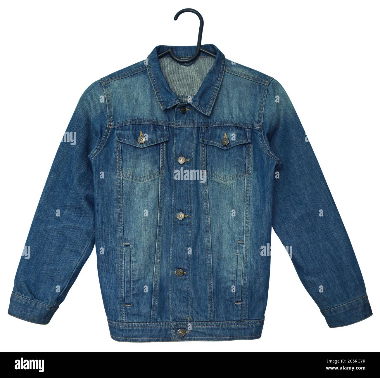 Denim jacket on a hanger. Isolated on white. Clipping path included ...
