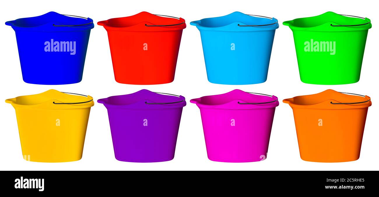 Colorful plastic buckets isolated on white background Stock Photo - Alamy