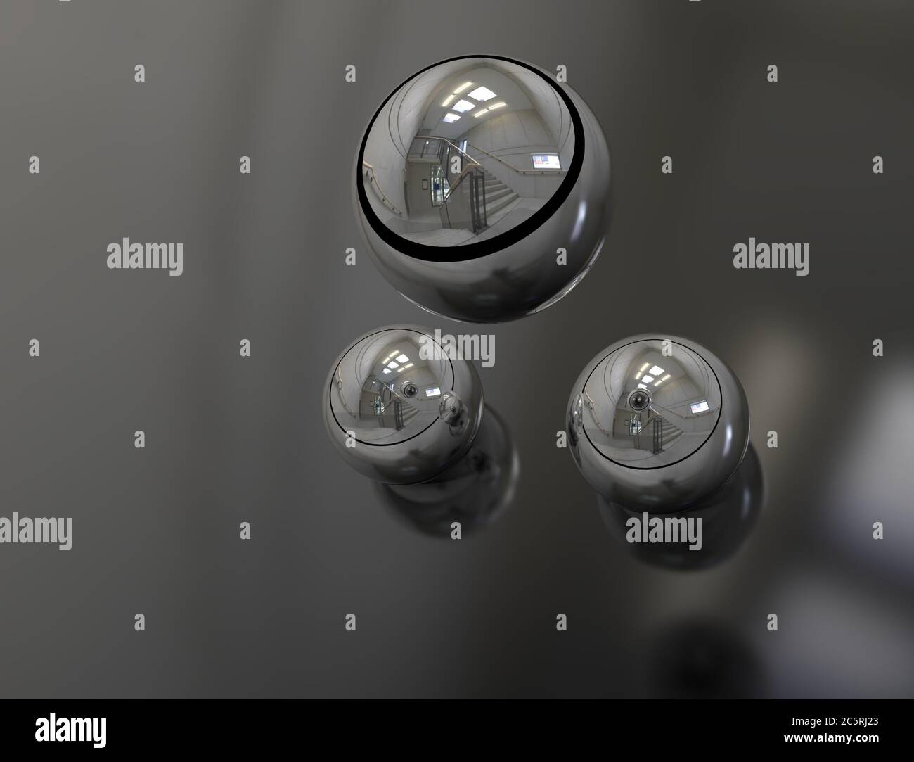 3D digital render of metallic chrome spheres isolated over white ...