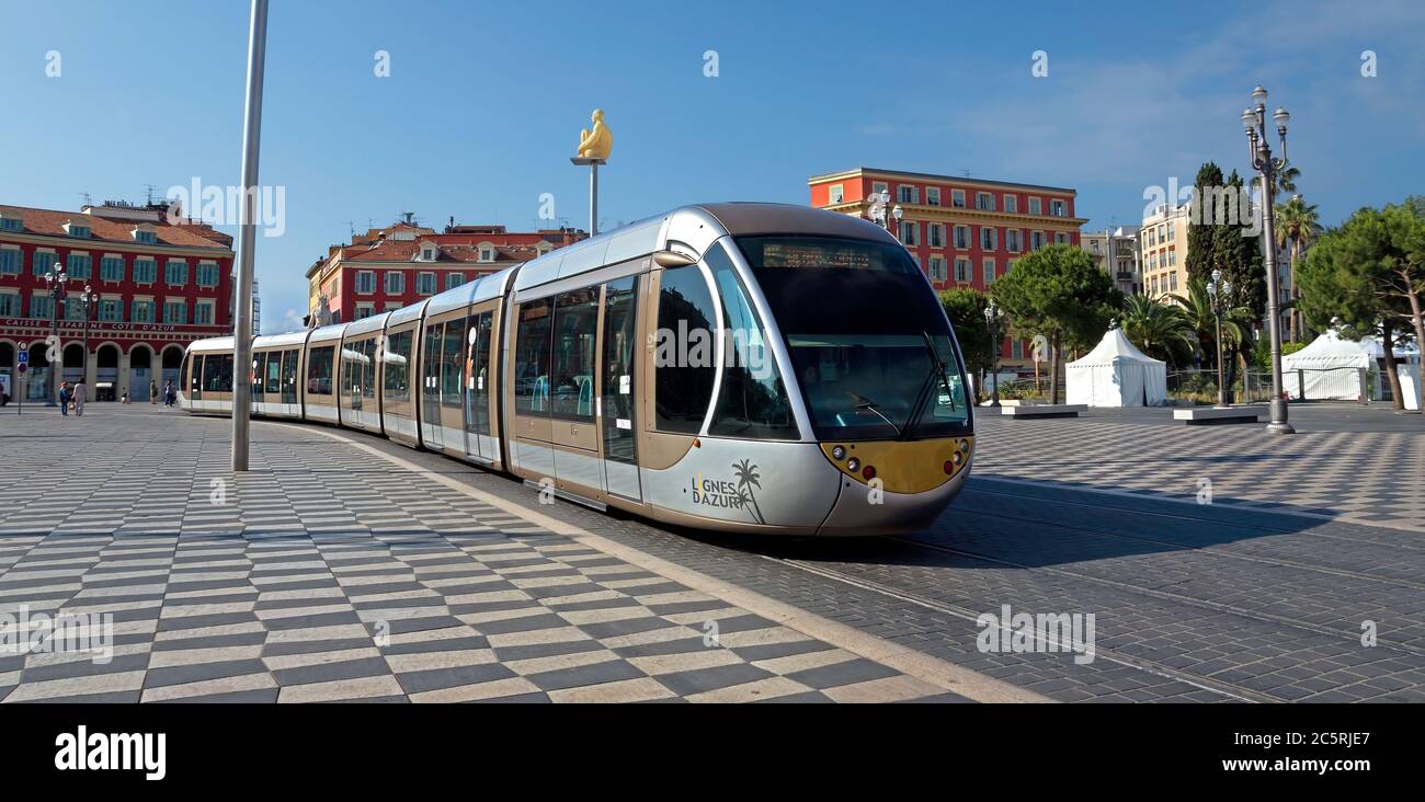 NICE, FRANCE - MAY 31: Modern tram in the centre of city on May 31 ...