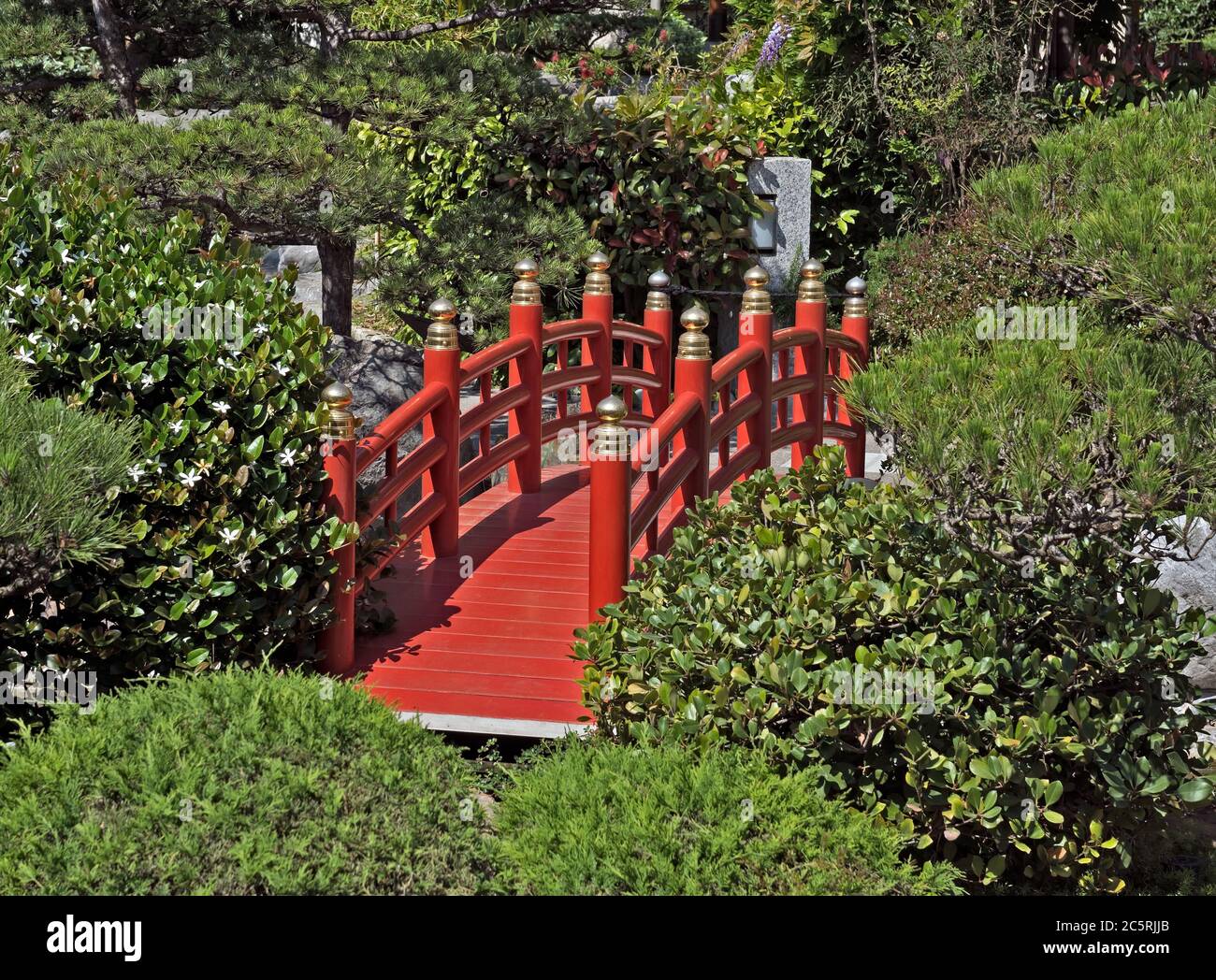 Red bridge over a pond in Japanese garden in Monte Carlo, Monaco Stock ...
