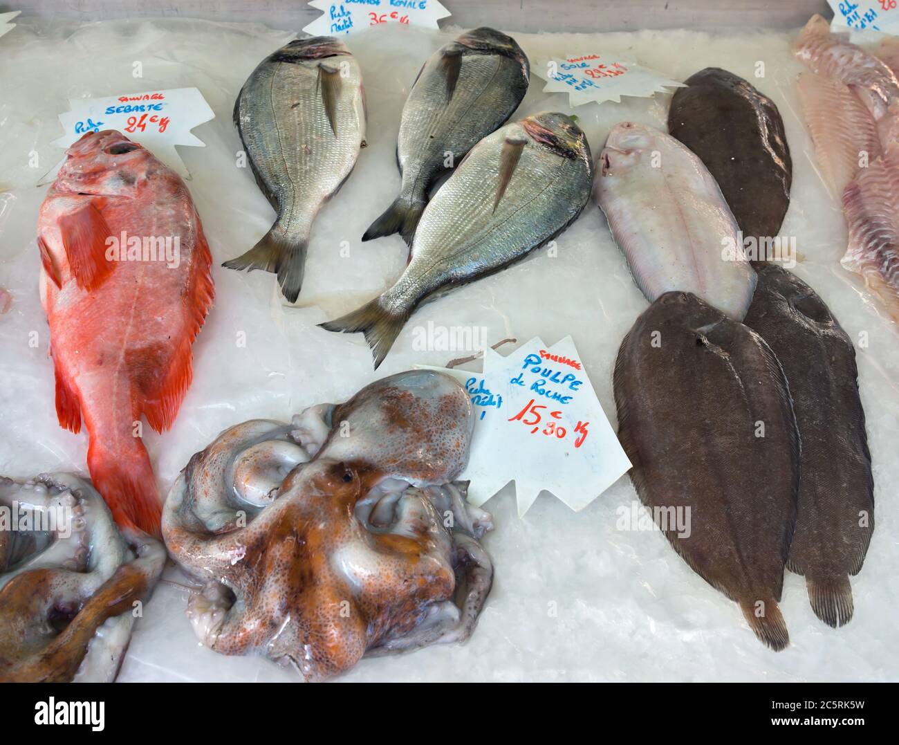 Display of fish on ice at a French fish market Stock Photo - Alamy