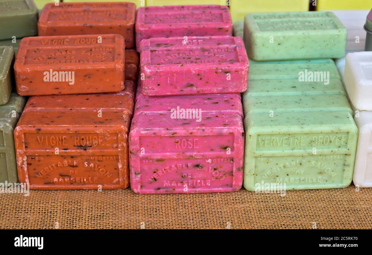 NICE, FRANCE - JUNE 8, 2014: Different flavored bars of soap from ...