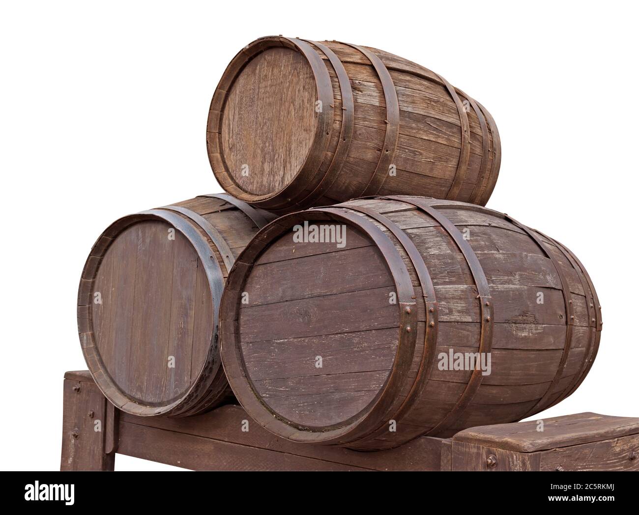 Three wooden barrels for wine with steel ring isolated on white ...