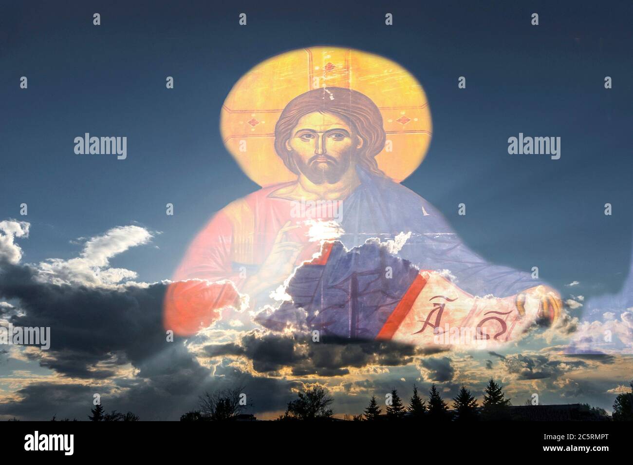 Icon of Jesus Christ on the dramatic clouds with sunbeams Stock Photo ...