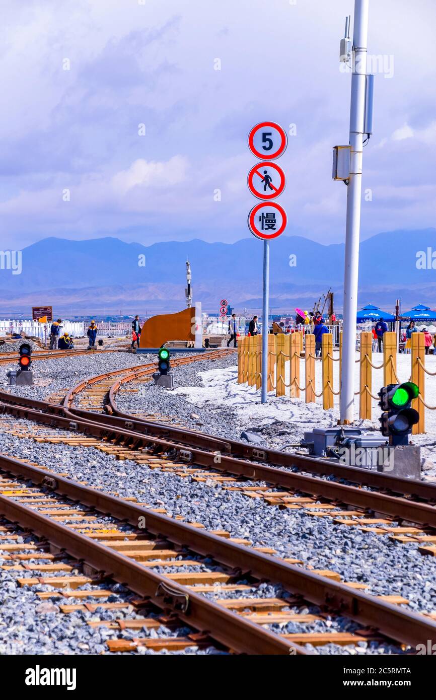 Freight train track go through Chaka Salt Lake,Qinghai province,China ...